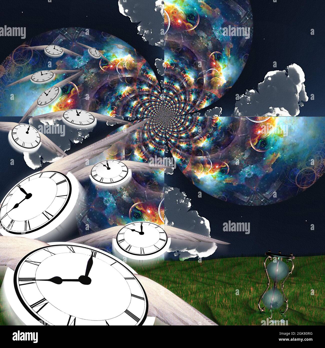 Symbolic composition. Winged clocks represent flow of time. 3D ...