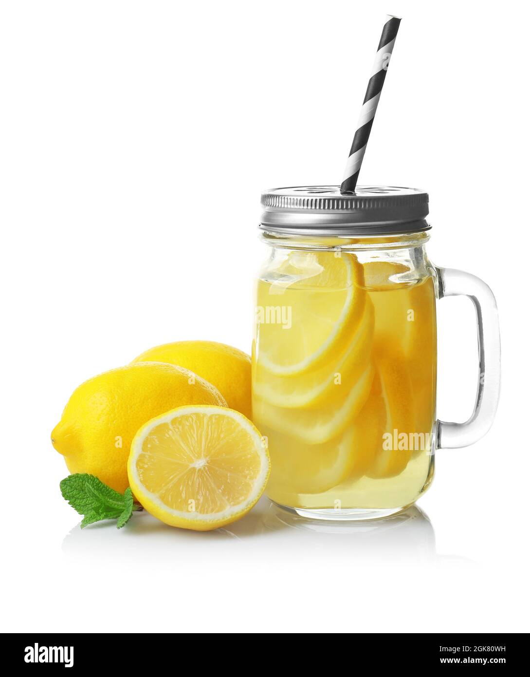 Mason jar of fresh lemonade on white background Stock Photo - Alamy