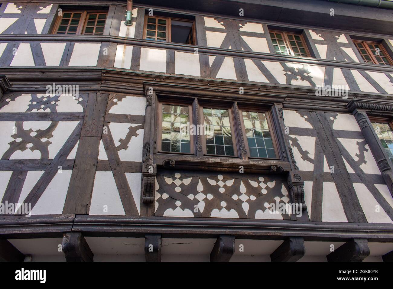 Close upward exterior view of traditional German half-timber framed ...