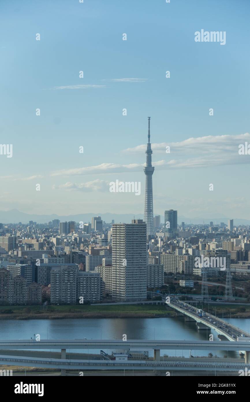 The epic view towards Tokyo Skytree, with the Sumida river in the ...