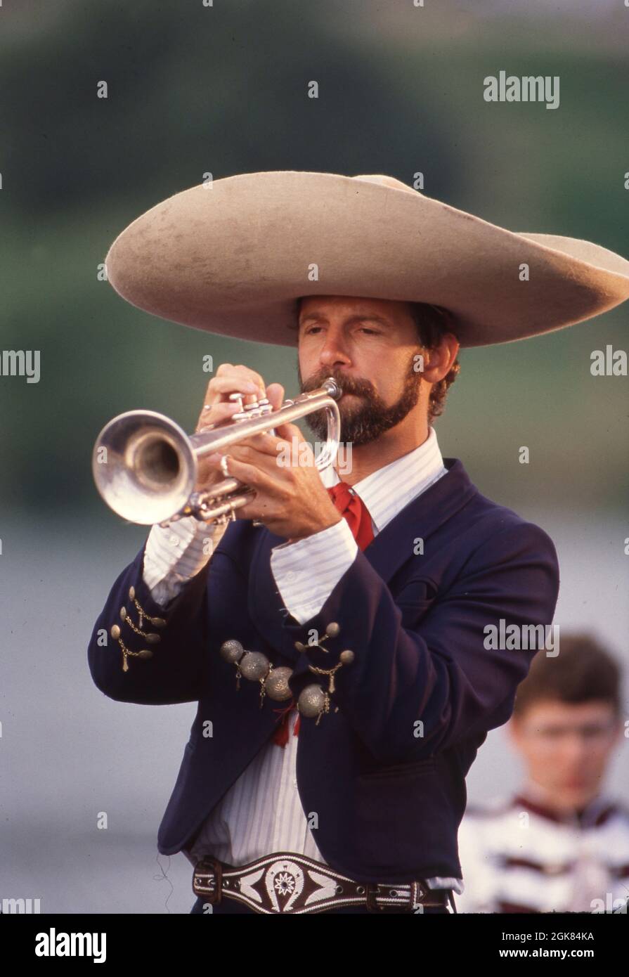 ©1985 Texas mariachi trumpet player at a Hispanic festival in Texas ...