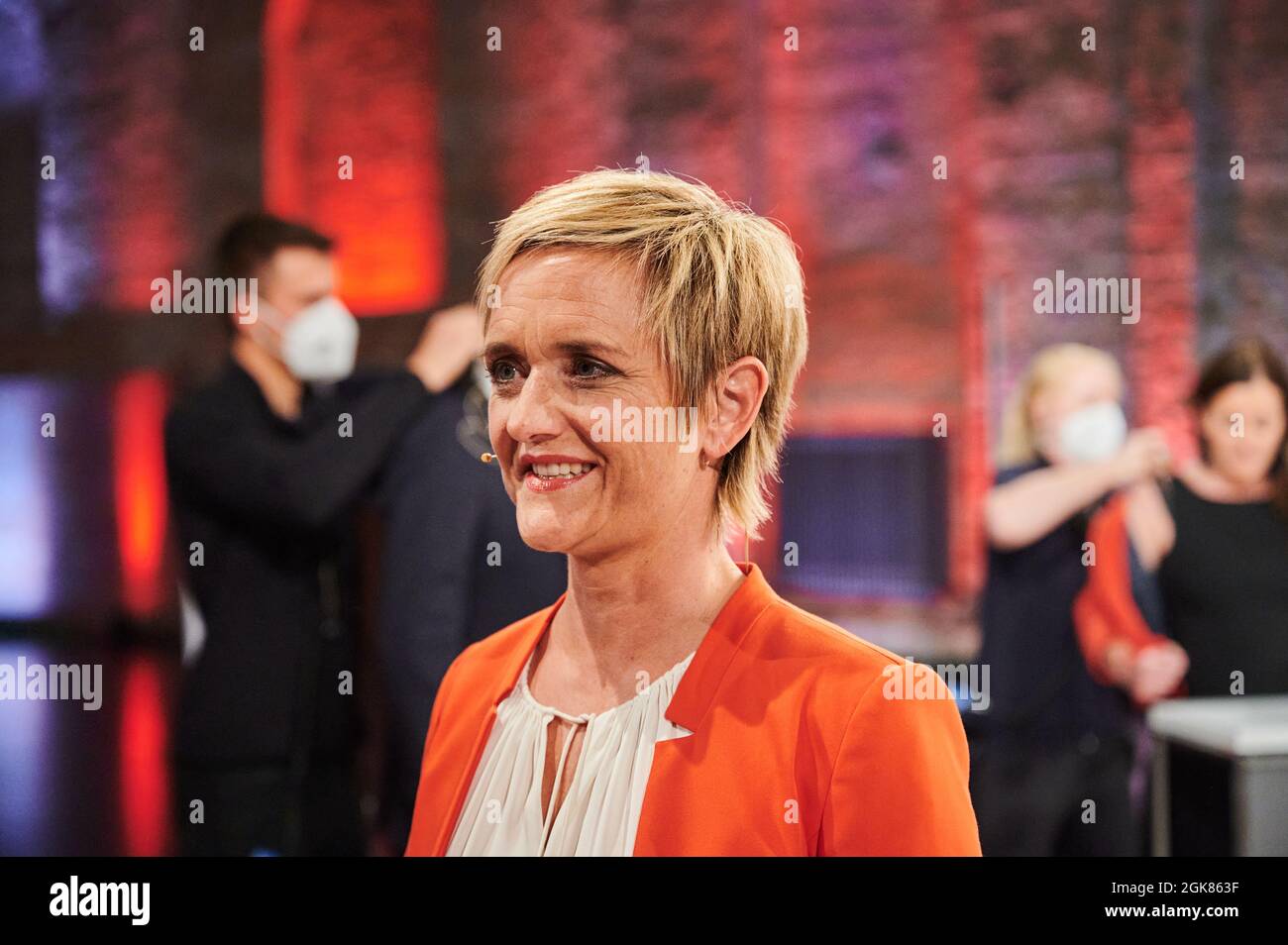 Berlin, Germany. 13th Sep, 2021. Presenter Ellen Ehni is about to start ...