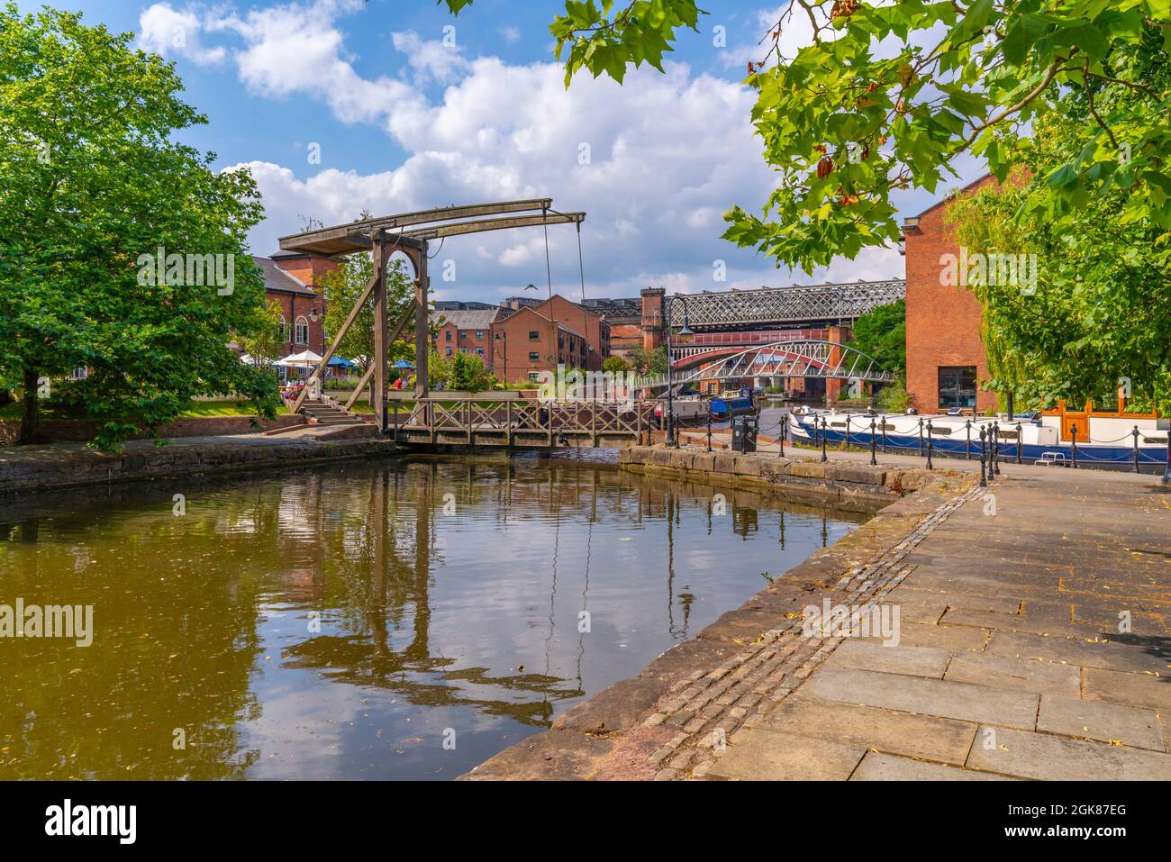 View of walk bridge over Castlefield Canal, Castlefield, Manchester ...