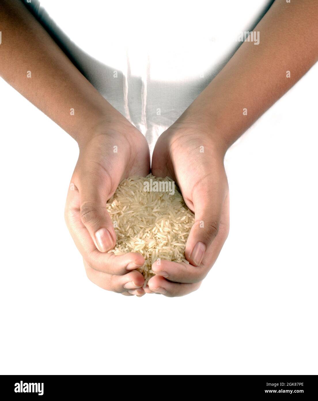 Close up. Asian woman holding white rice in her hands. Health food ...