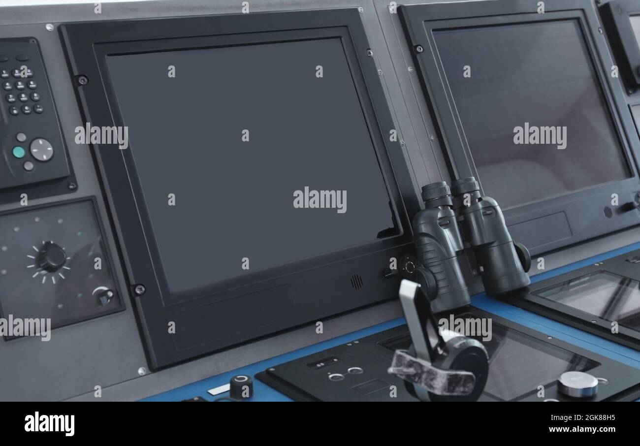 Ship control panel in captain's bridge Stock Photo - Alamy