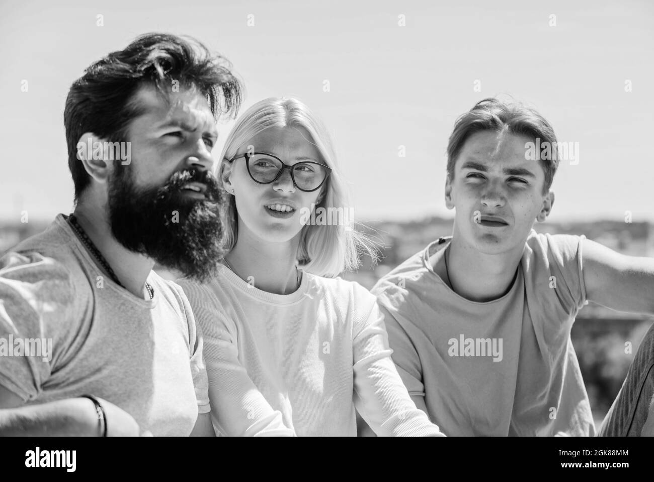 Hang out together. Men and woman talking nature background. Spending ...