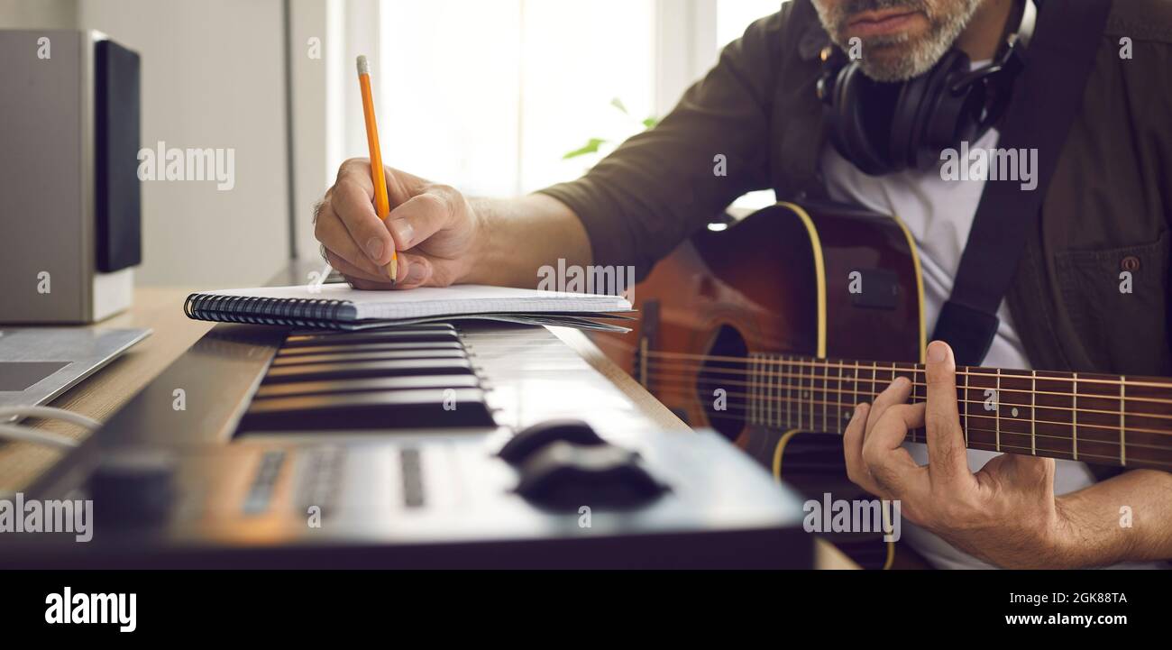 Banner background with musician writing music for guitar and electronic ...