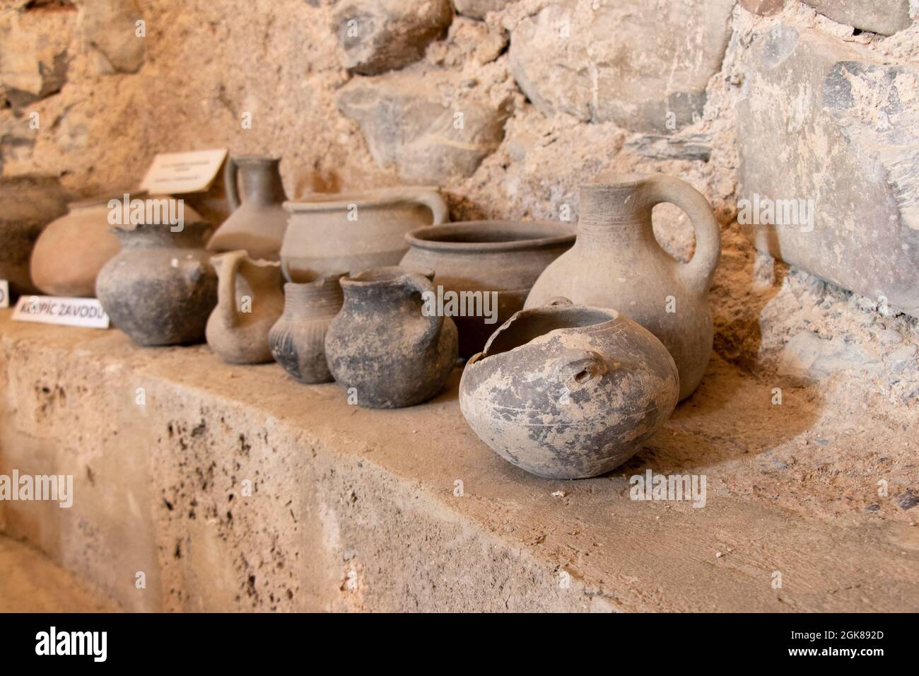 Antique clay pots and vases in the Albanian temple of Kish. Ancient ...
