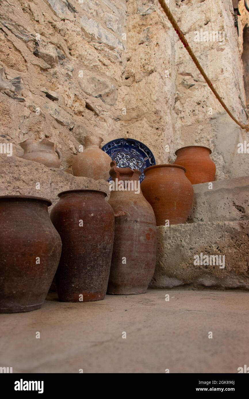 Antique clay pots and vases in the Albanian temple of Kish. Ancient ...