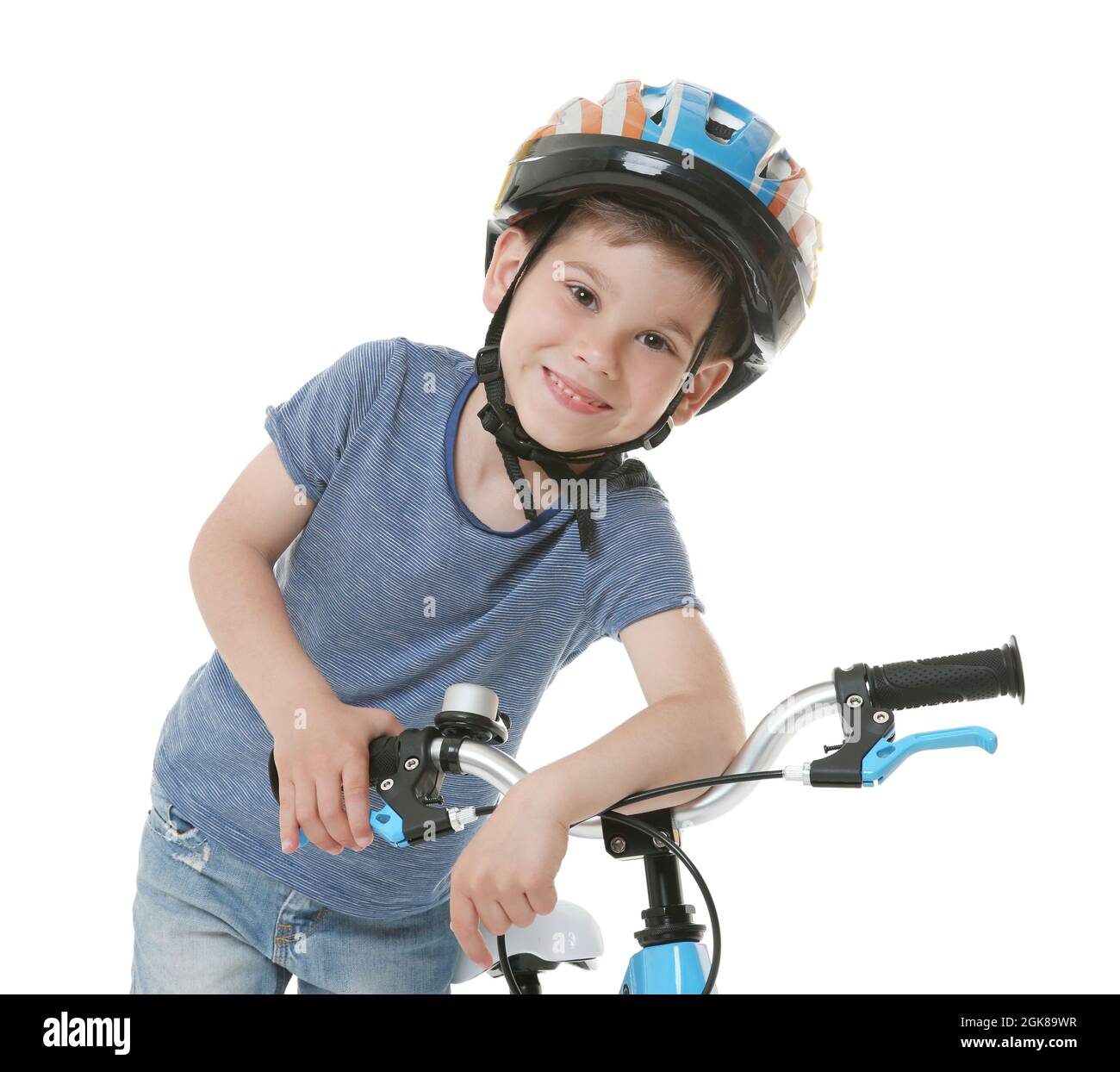 Cute little boy with bicycle on white background Stock Photo - Alamy