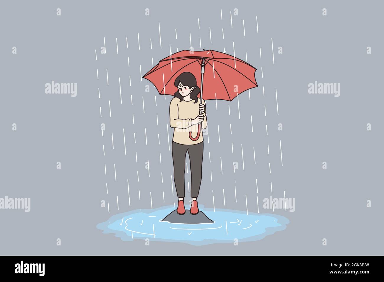 Bad weather, rain, storm concept. Young sad frustrated girl cartoon ...