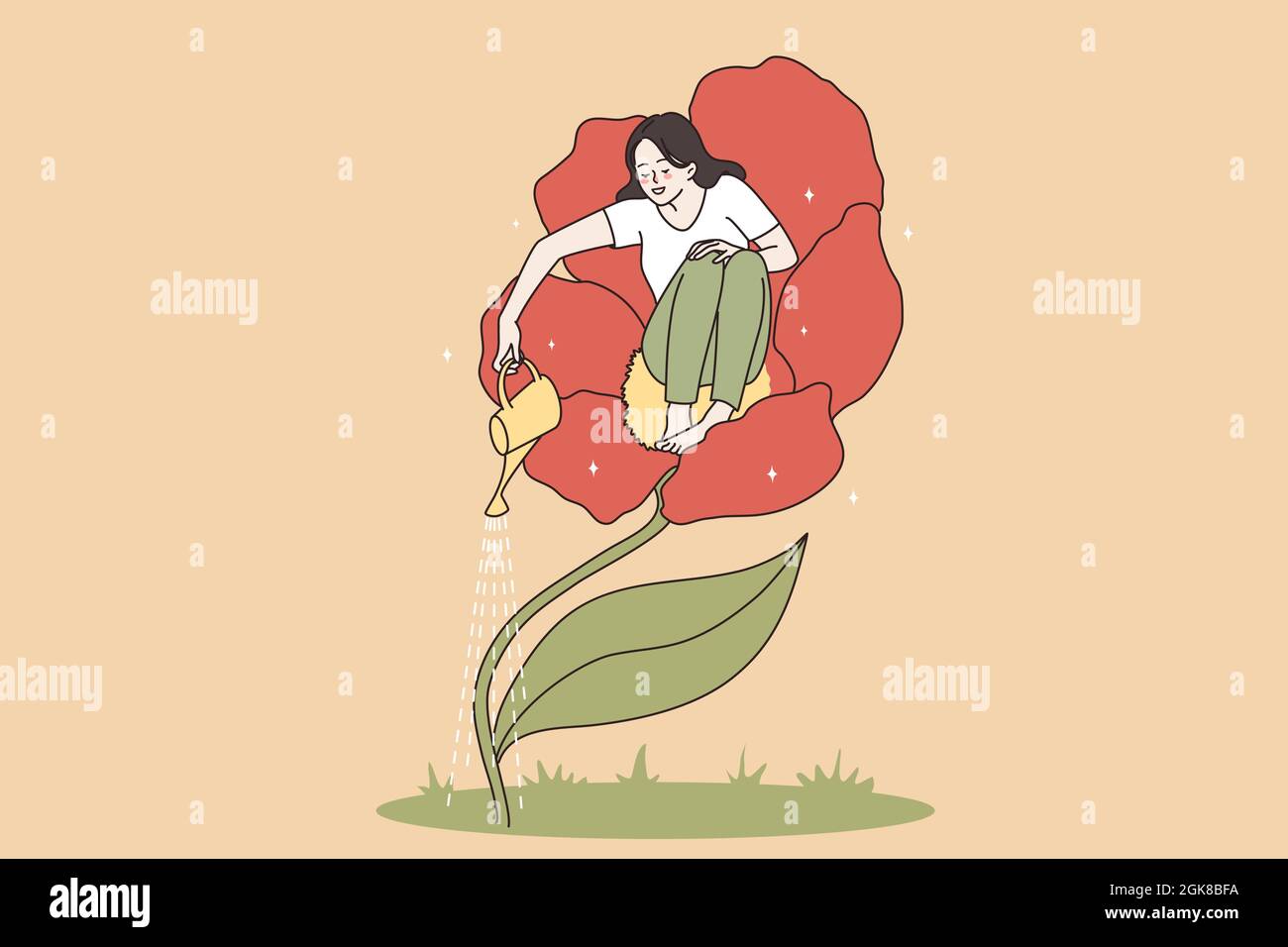 Loving and taking care of yourself concept. Young happy woman sitting ...