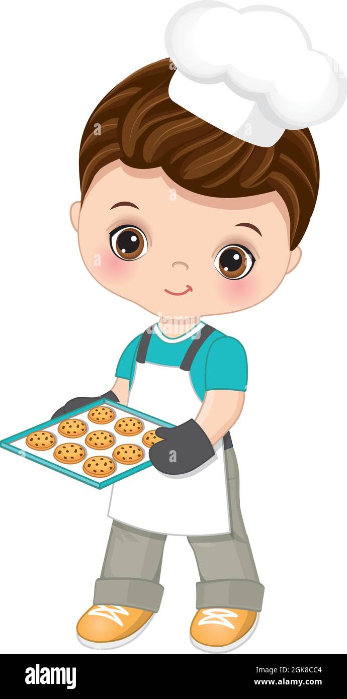 Cute Little Boy Wearing Chef's Toque Holding Tray with Cookies. Vector ...