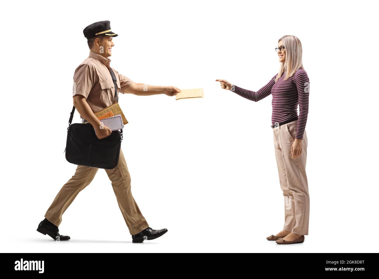 Full length profile shot of a mailman giving a letter to a young woman ...