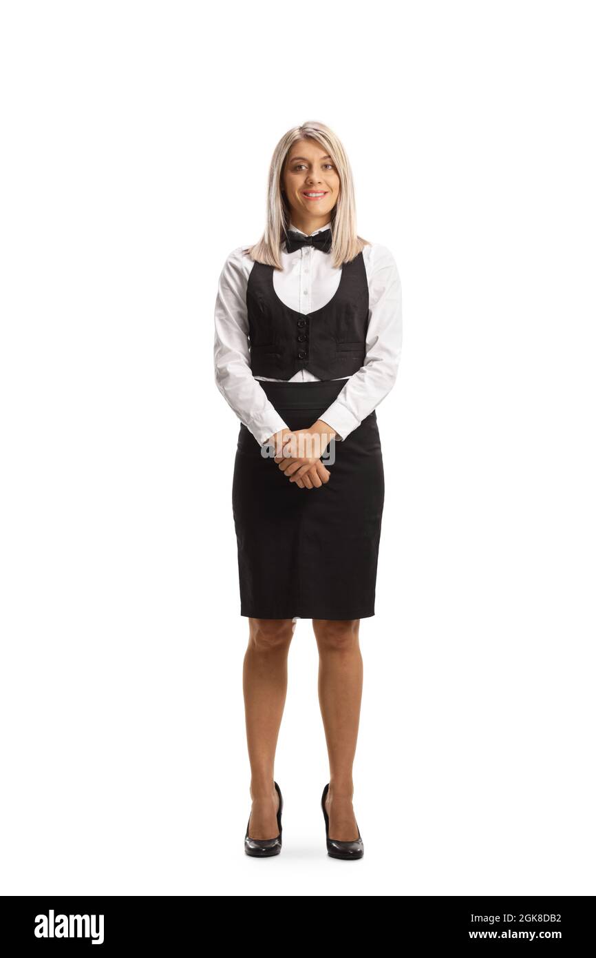 Full length portrait of an elegant female waiter posing and smiling ...