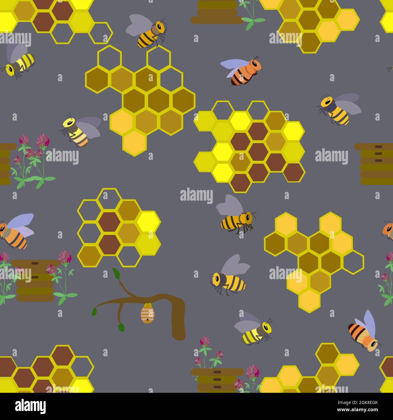 pattern with bee, honeycomb, clover flowers Stock Vector Image & Art ...