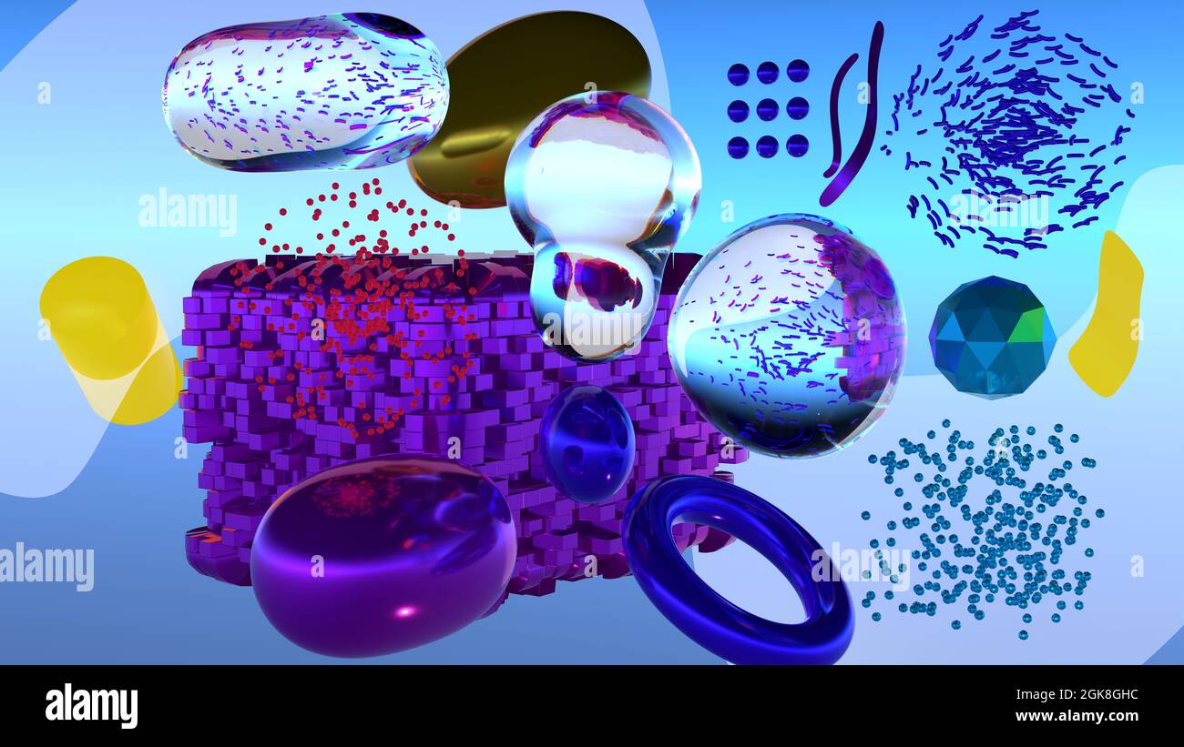 3D shapes made of different materials, levitating on light background ...