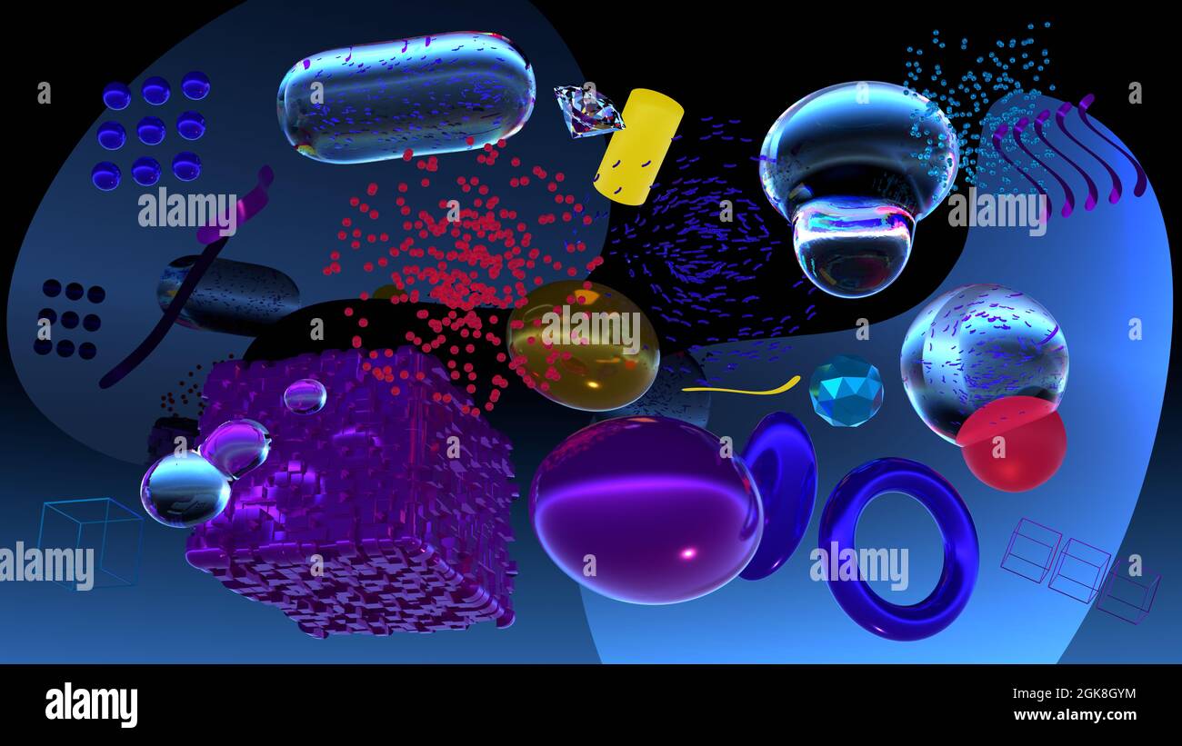 3D shapes made of different materials, levitating, 3D rendering Stock ...