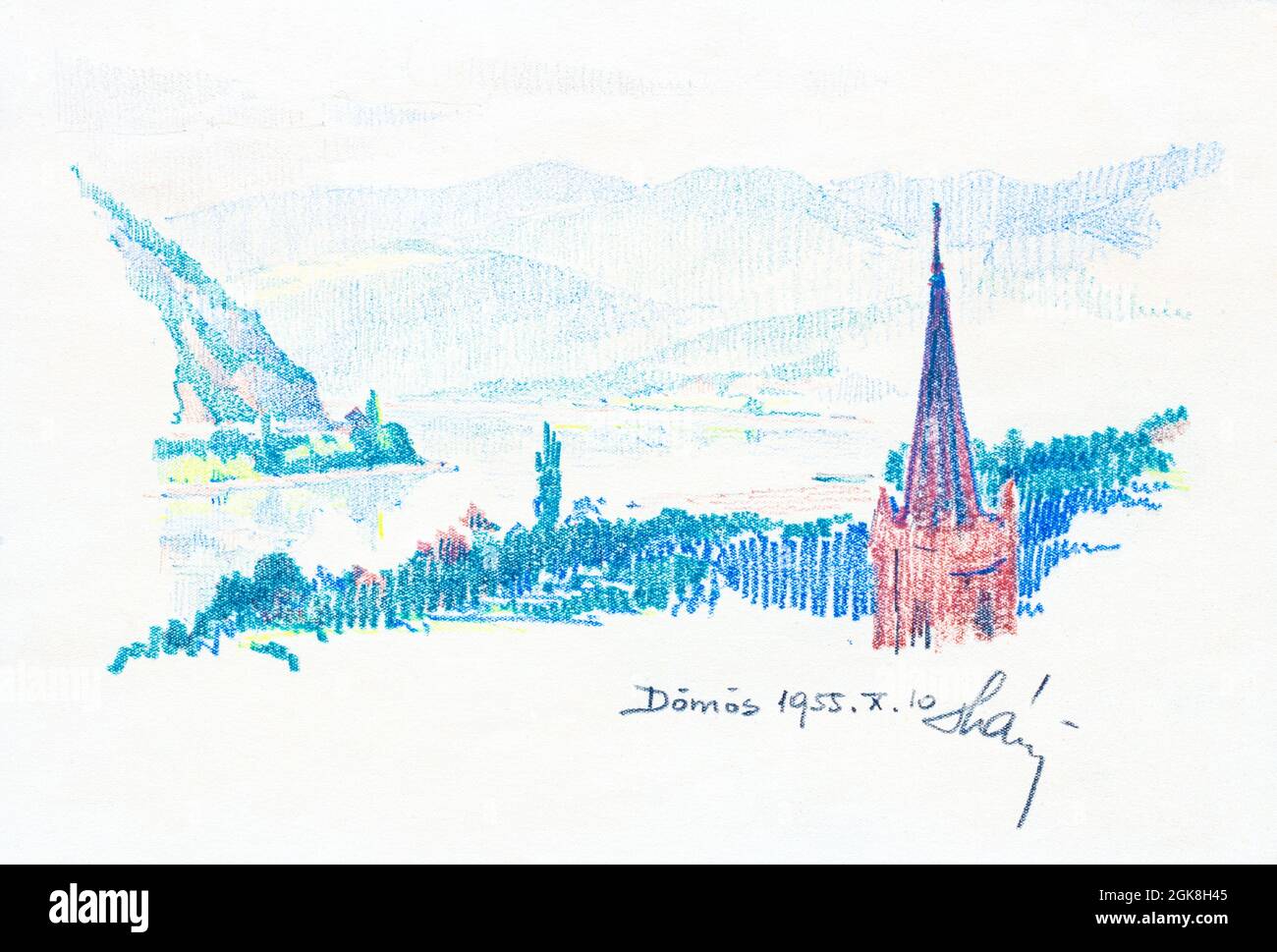 Colour drawing of Dunakanyar (Danube Bend) with the Reformed church of ...