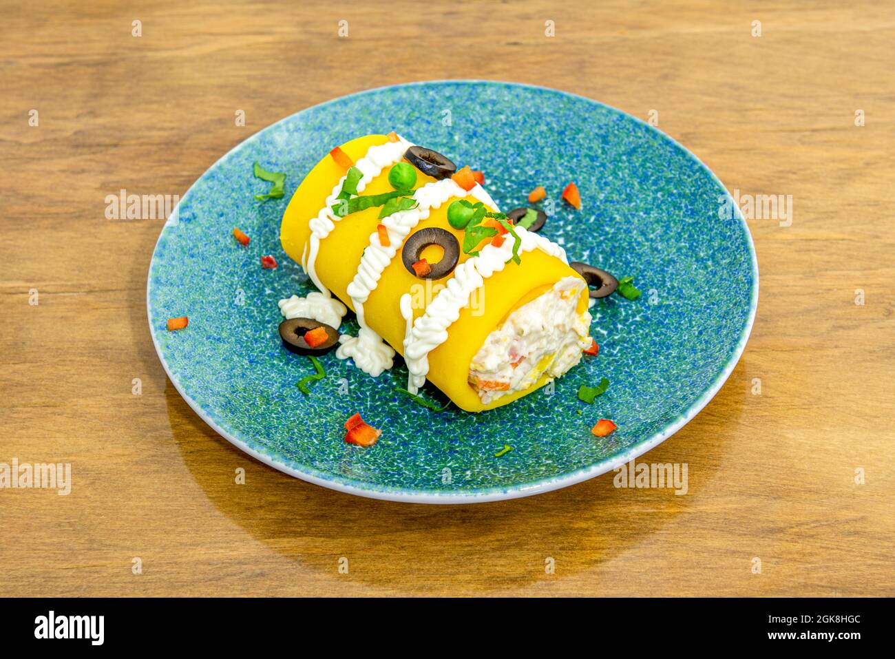 Typical Peruvian aperitif, causa limeña, with salad inside, with ...