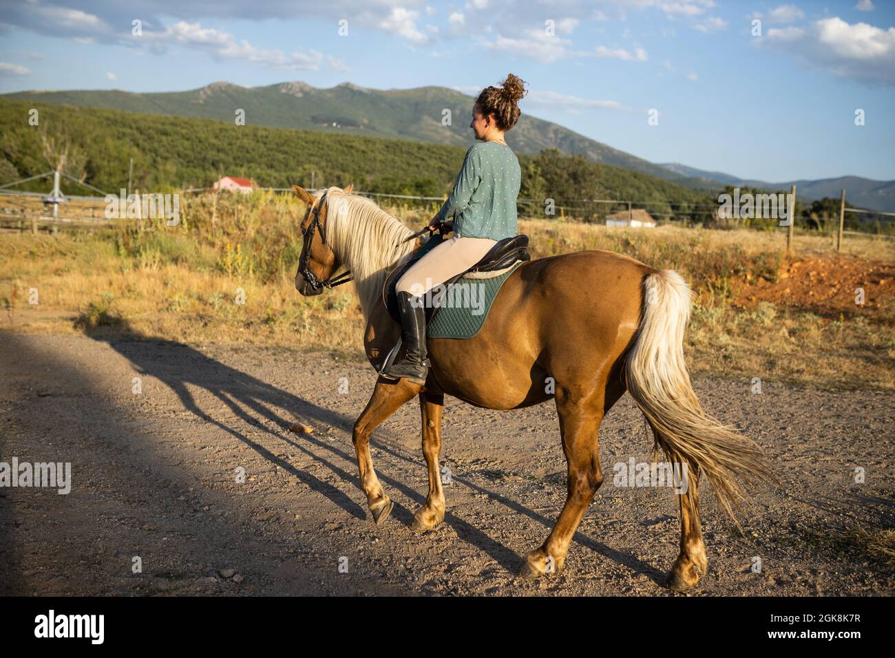 Back view of female riding stallion with smooth brown coat on rough ...