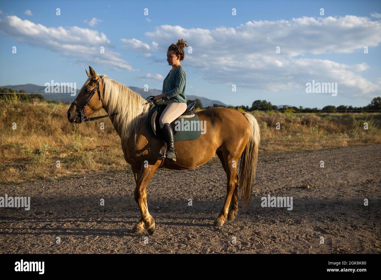 Side view of female riding stallion with smooth brown coat on rough ...
