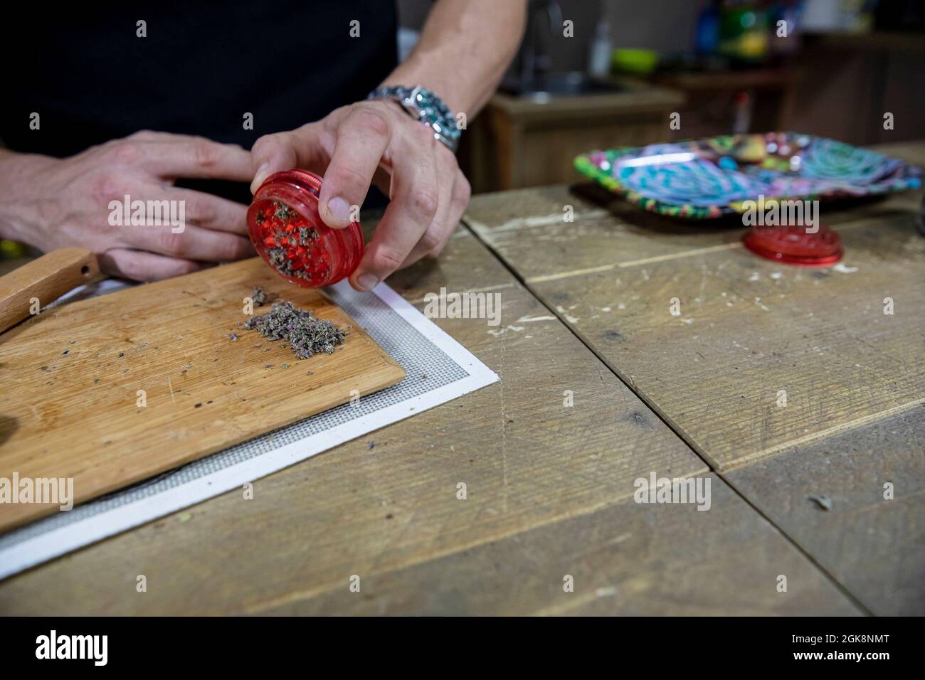 Faceless male with chopper putting dried ground hemp on cutting board ...