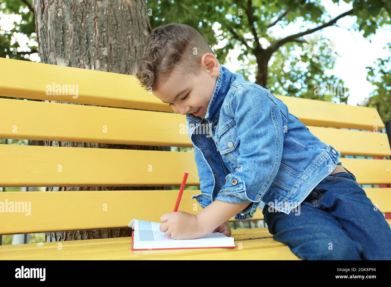 Cute little boy writing something in notebook on bench Stock Photo - Alamy