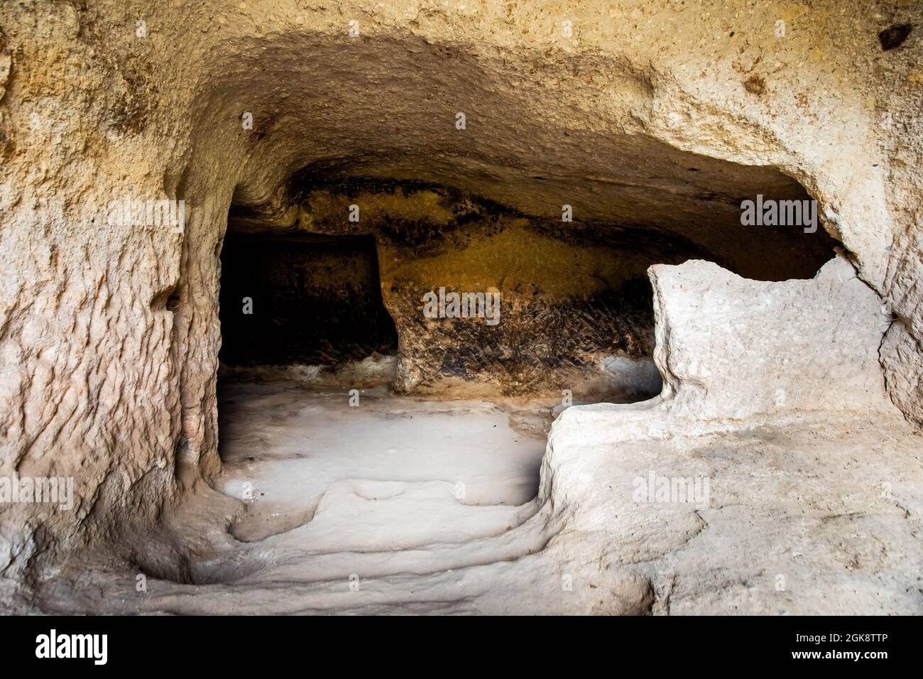View of the interior room of Vardzia caves complex in Georgia historic ...
