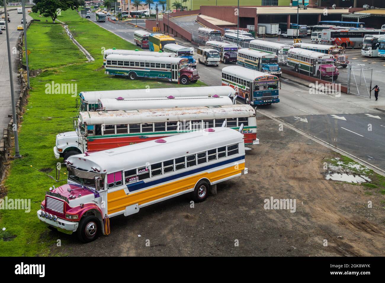 PANAMA CITY, PANAMA - MAY 30, 2016: Buses wait at Albrook Bus Terminal ...