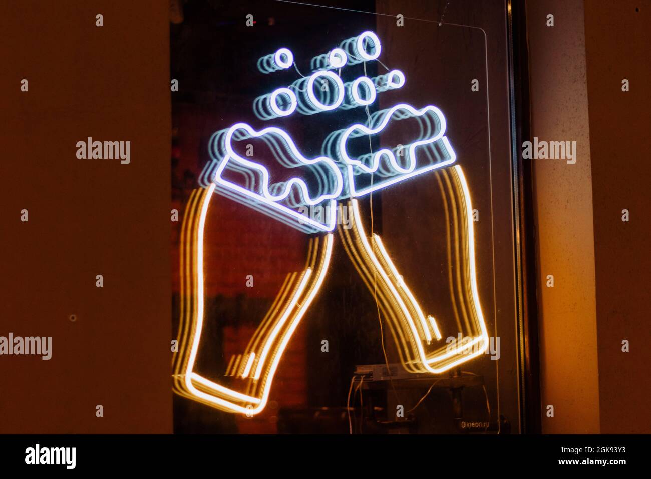 beer mug cup glasses neon sign on the window window Stock Photo - Alamy