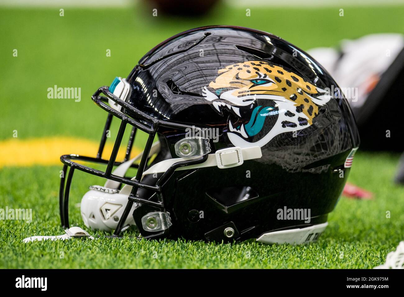 September 12, 2021: A Jacksonville Jaguars helmet sits on the field ...