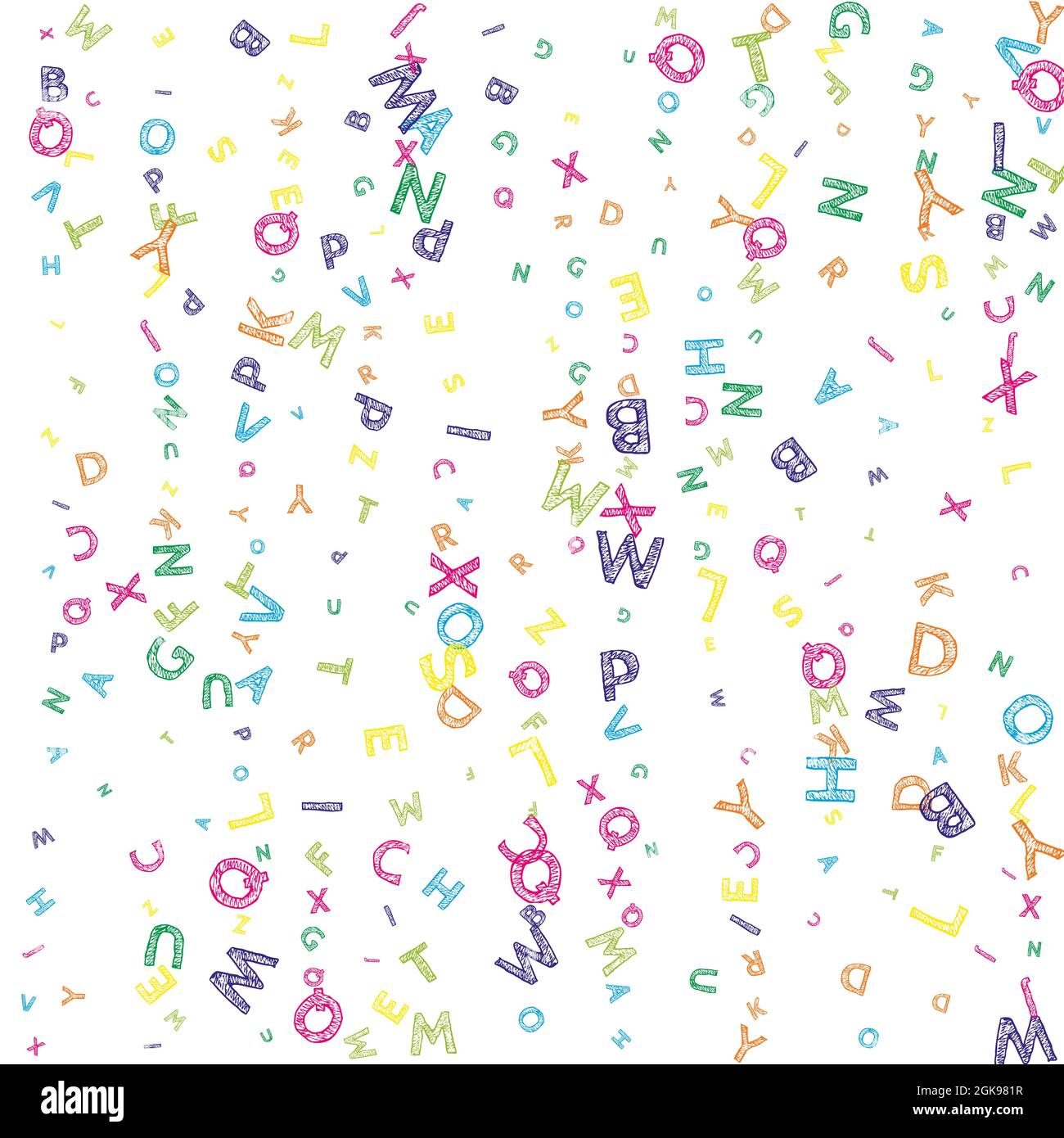 Falling letters of English language. Colorful messy sketch flying words ...