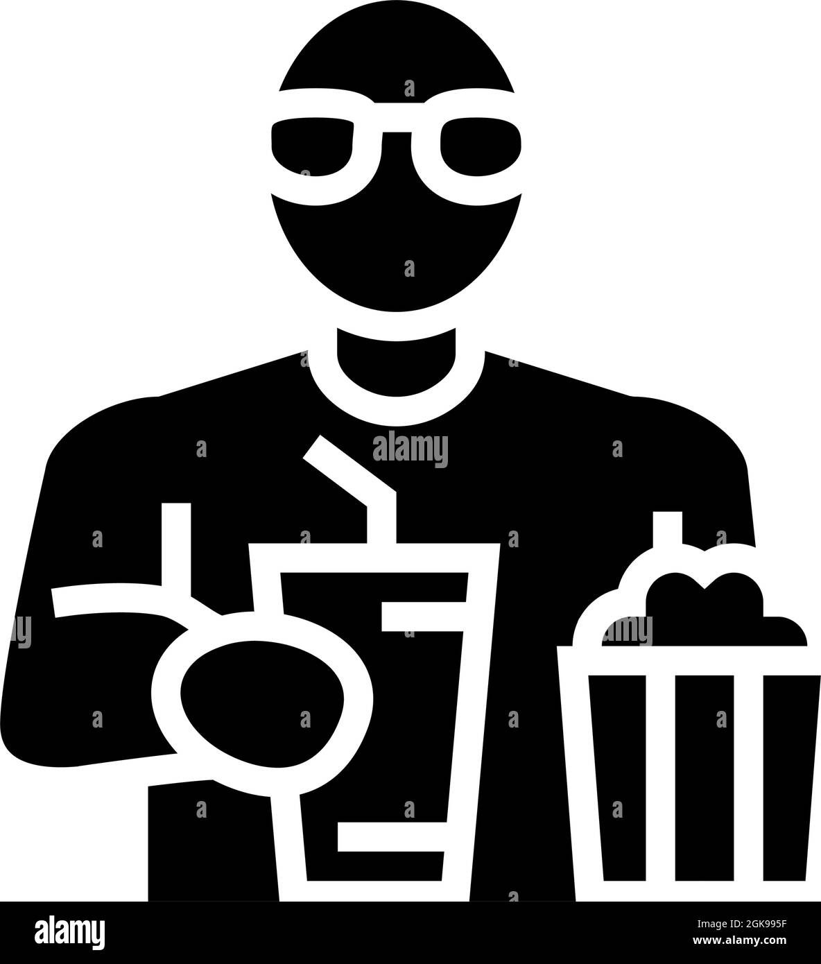 spectator watching movie and eating popcorn in cinema glyph icon vector ...