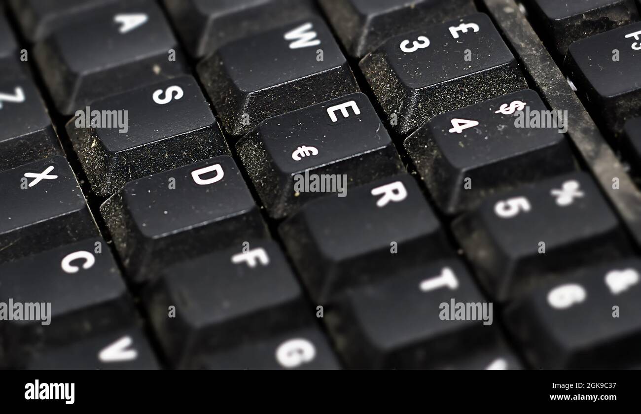 Detail of the buttons of a dusty black plastic european computer ...