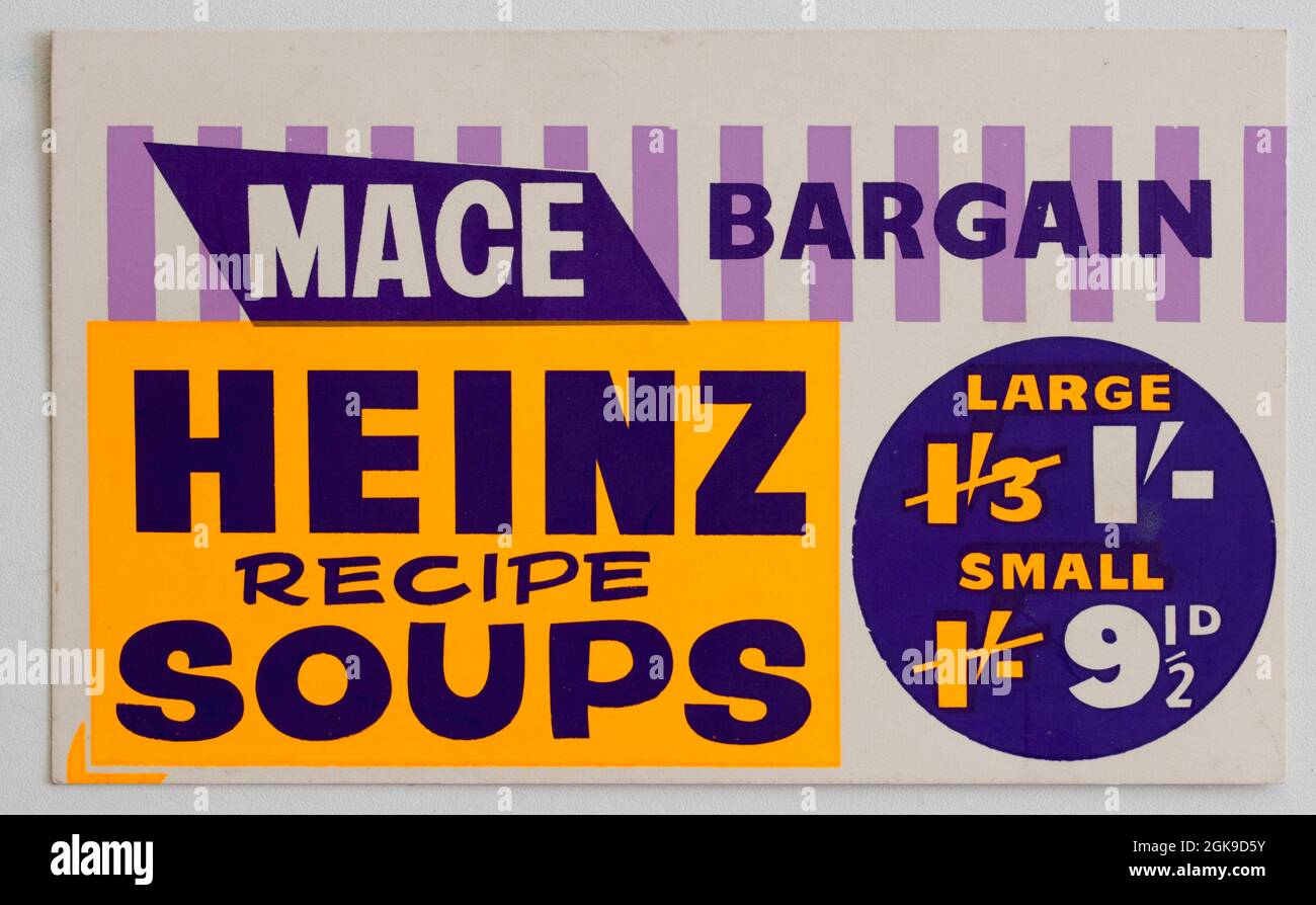 Vintage 1960s Mace Shop Price Display Card - Heinz Soup Stock Photo - Alamy