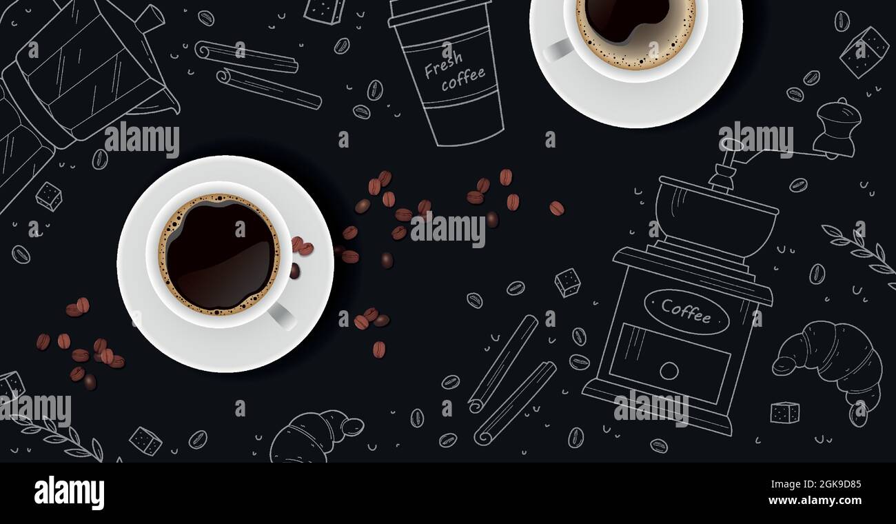 Coffee background with realistic cup of coffee - Vector illustration ...
