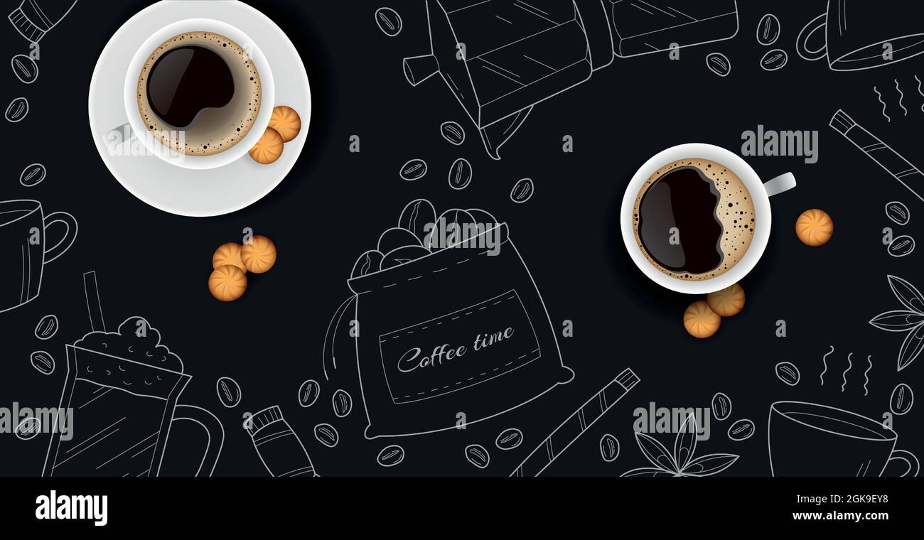 Coffee background with realistic cup of coffee - Vector illustration ...
