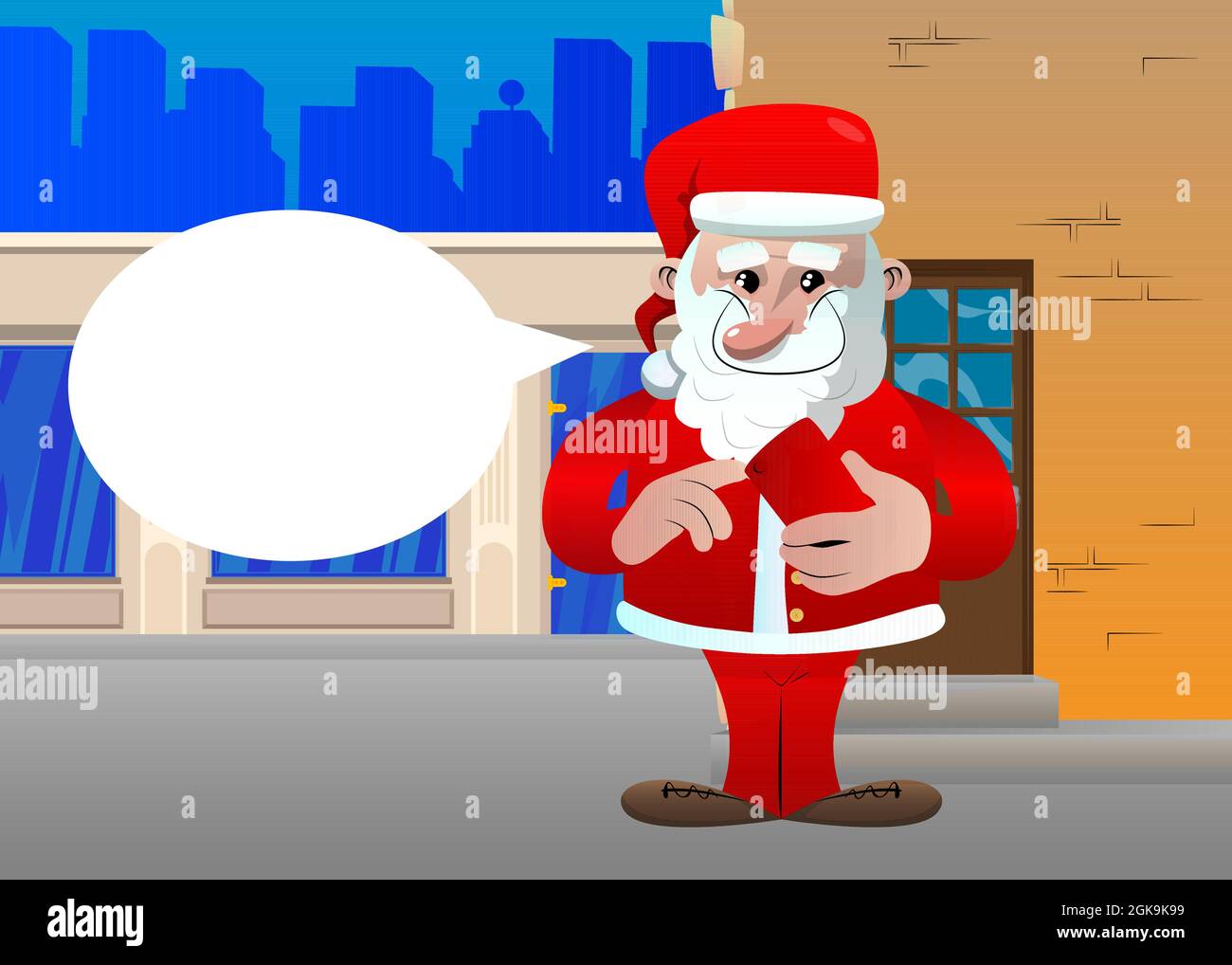 Santa Claus in his red clothes with white beard using a mobile phone ...