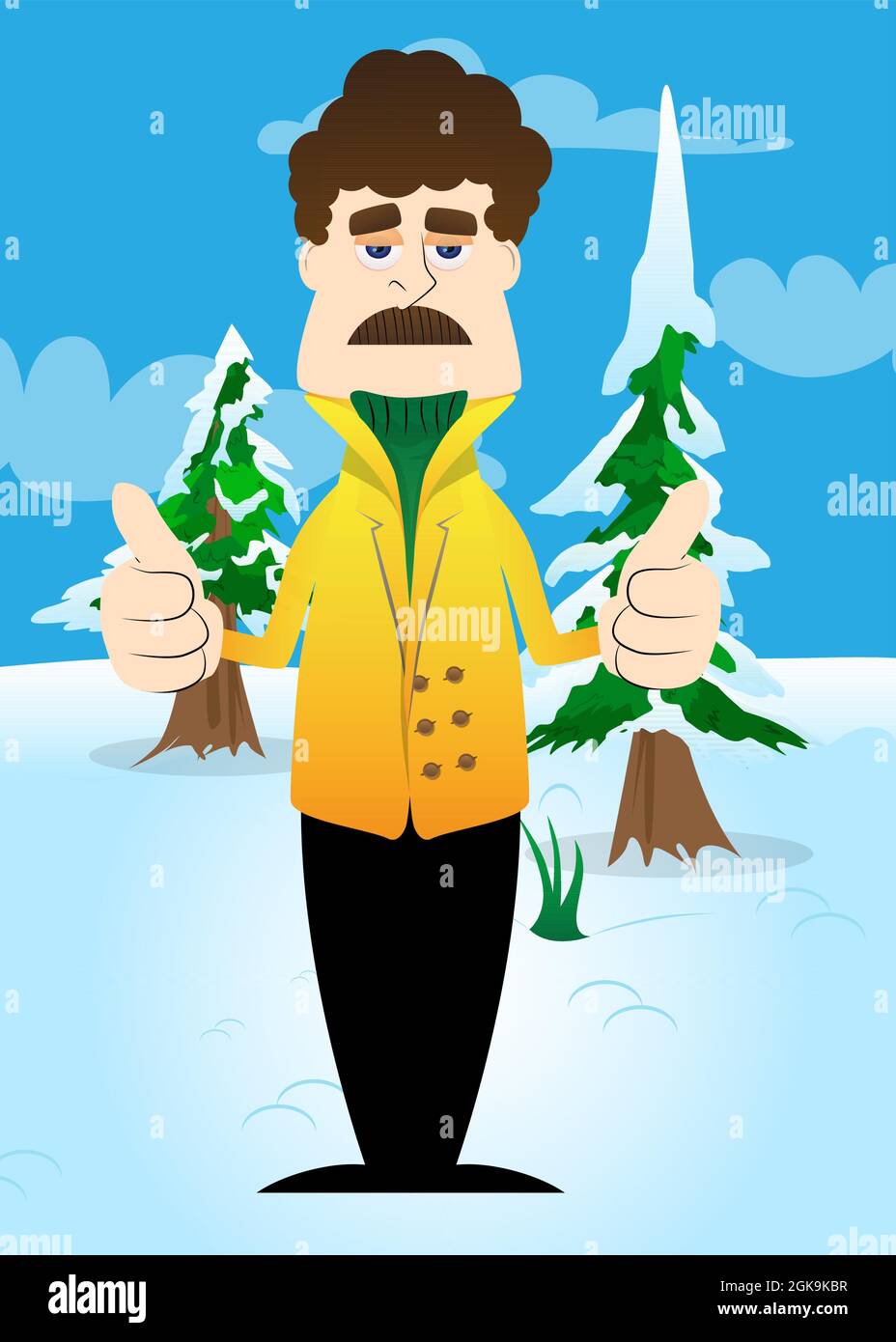 Funny cartoon man dressed for winter making thumbs up sign with two ...