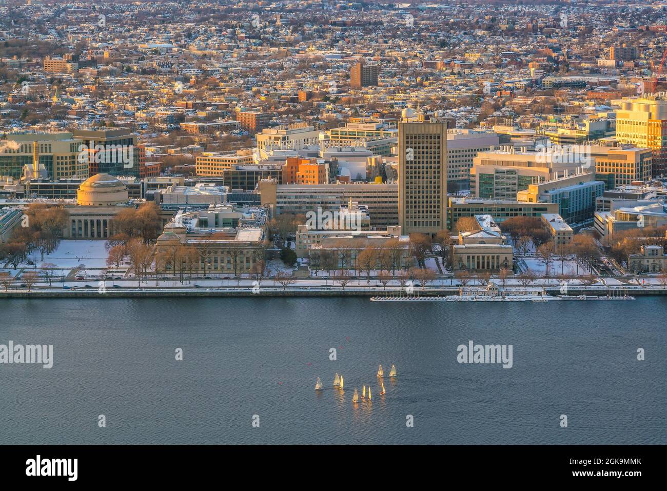 The skyline of Boston in Massachusetts, USA in winter with sailboats ...