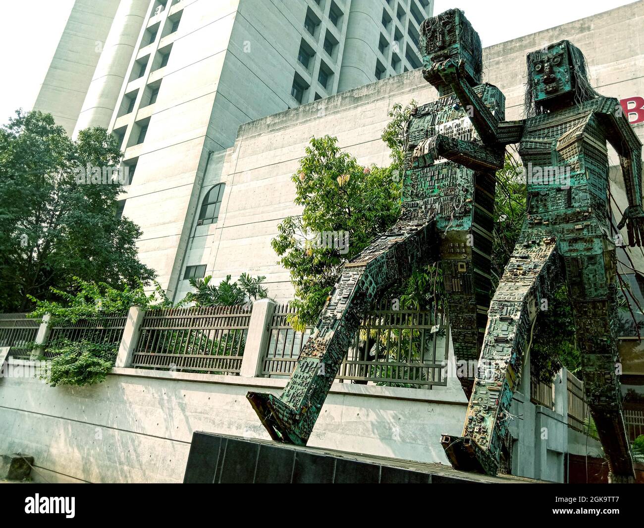 A statue view made with computer motherboards front side of computer ...