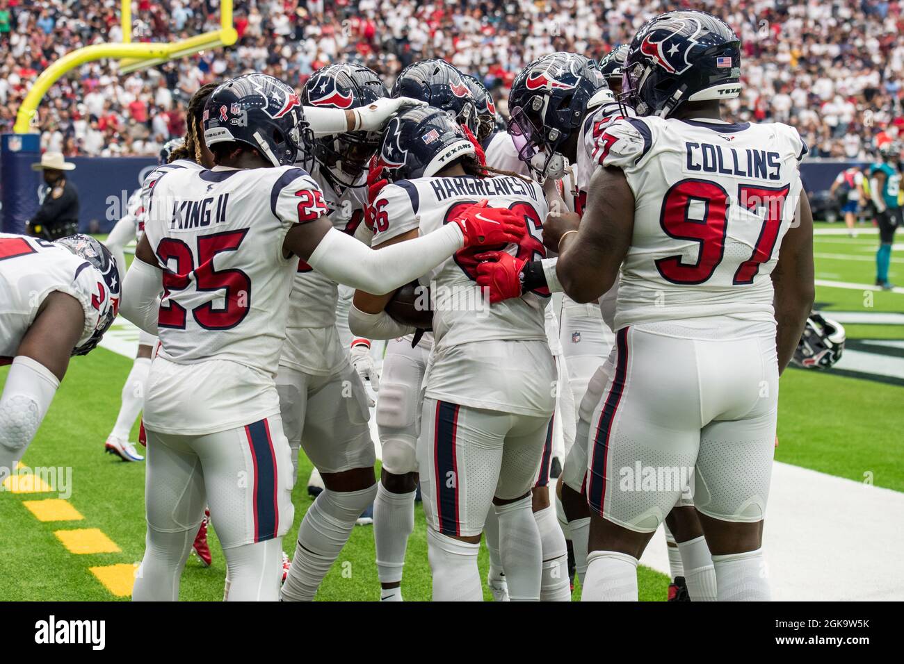 Houston, TX, USA. 12th Sep, 2021. Houston Texans defenders celebrate an ...