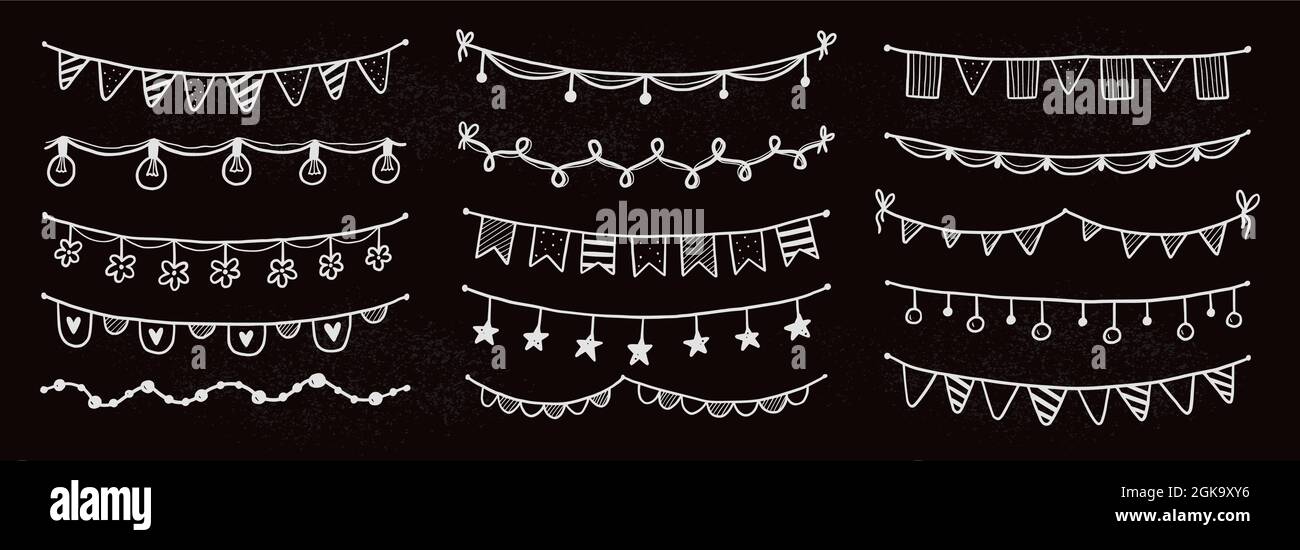 Party garland set with flag, bunting, pennant on chalkboard. Hand drawn ...