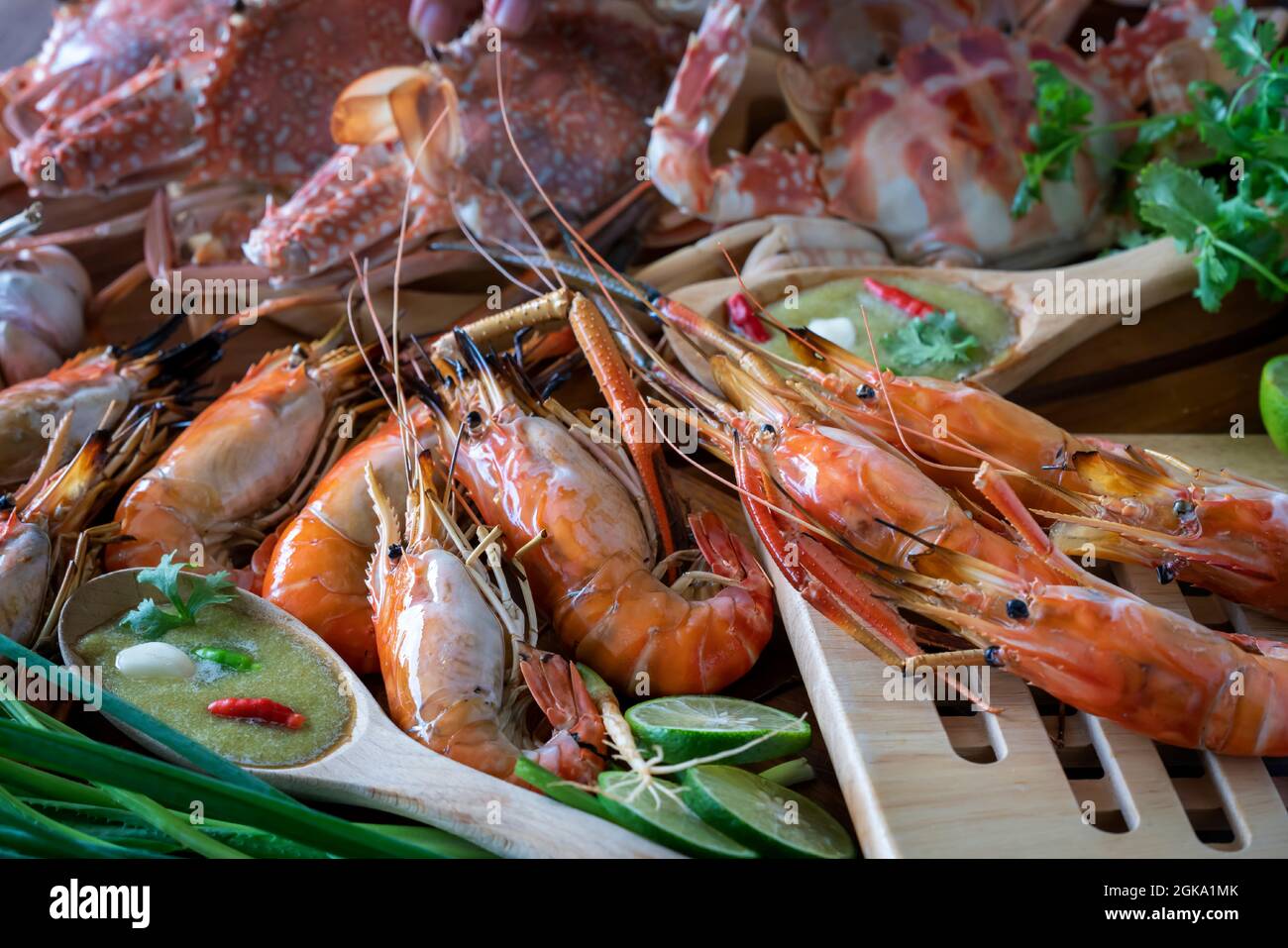 Closeup Thai Seafood platter lunch in Thailand Summer vacation. Whole ...