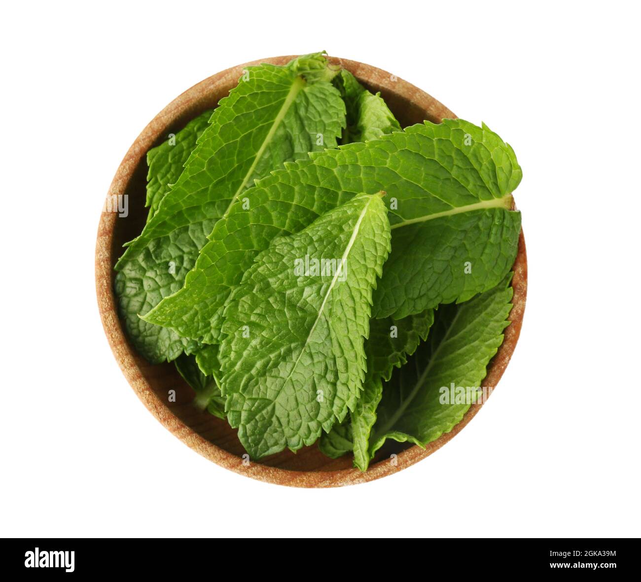 Wooden bowl with fresh mint leaves on white background Stock Photo - Alamy