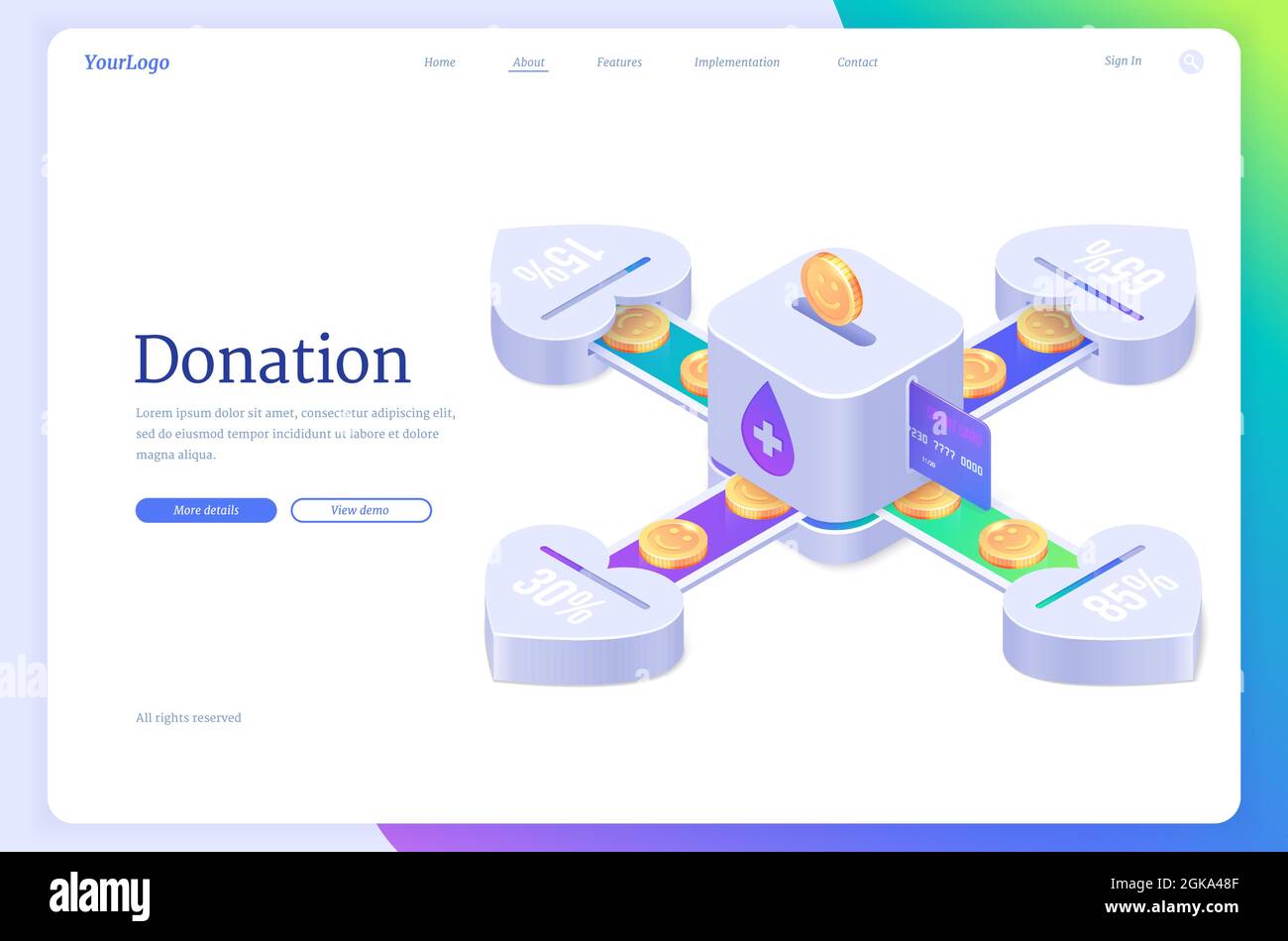 Donation isometric landing page. Charity, volunteering and social help ...