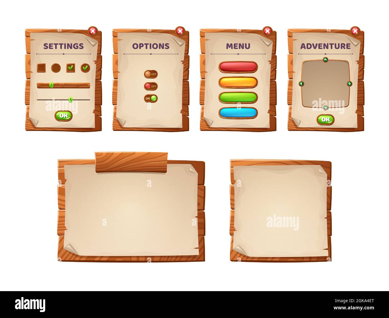 Game Ui Scrolls Wooden Boards And Antique Parchments Cartoon Menu