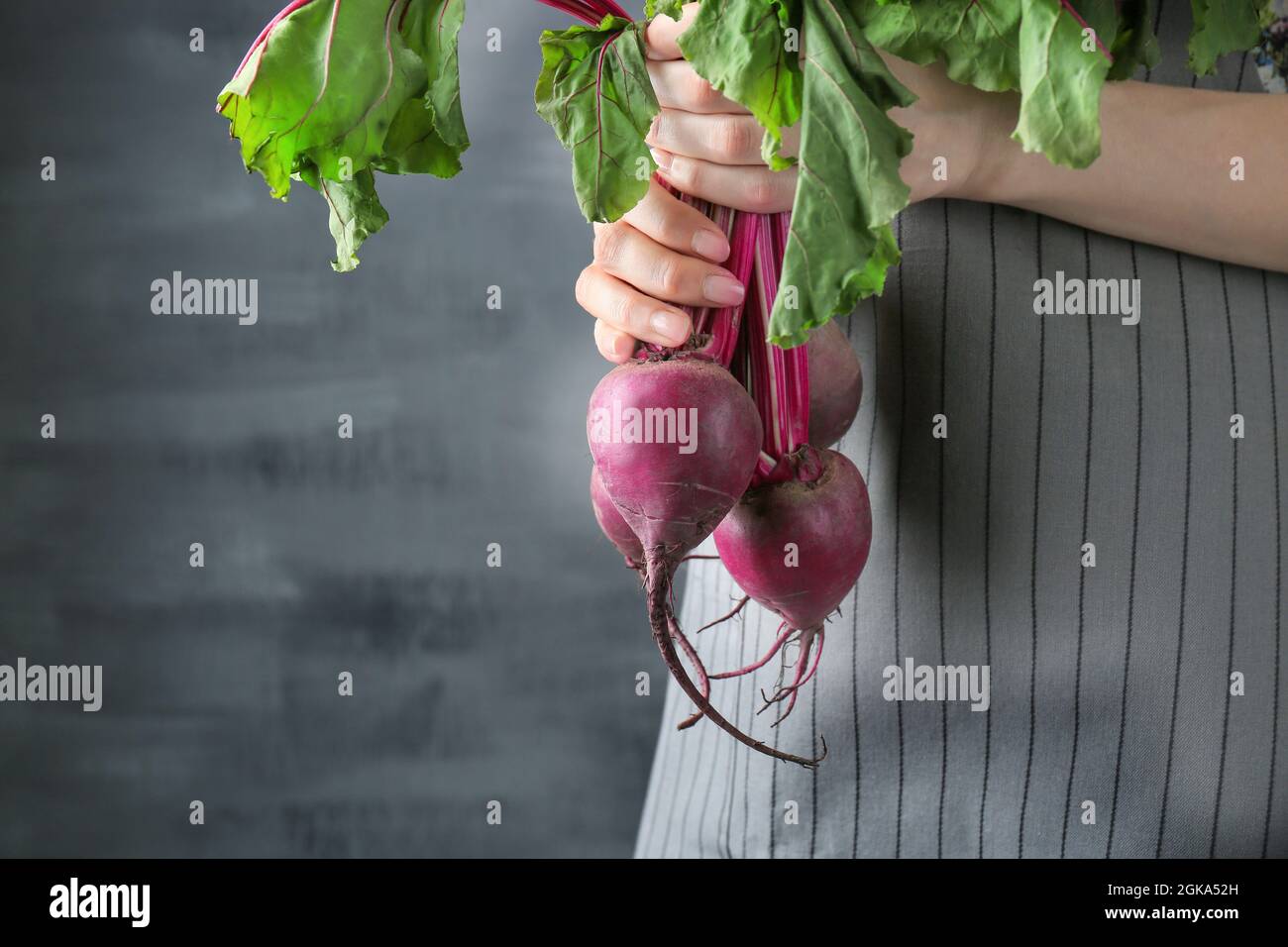 Woman holding young beets on grey background Stock Photo - Alamy