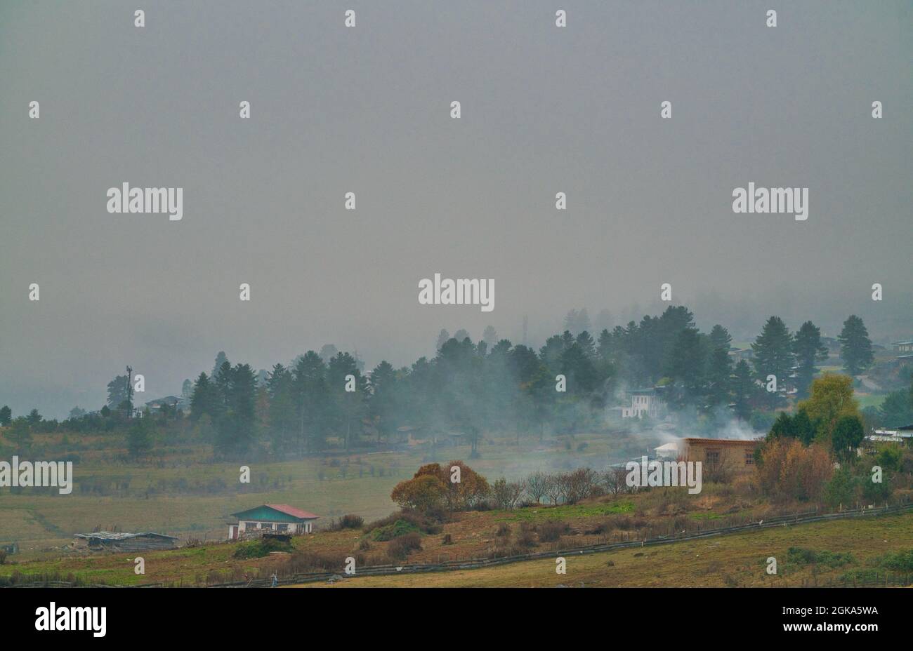In the evening, the fog surrounds the trees, houses and mountains in ...